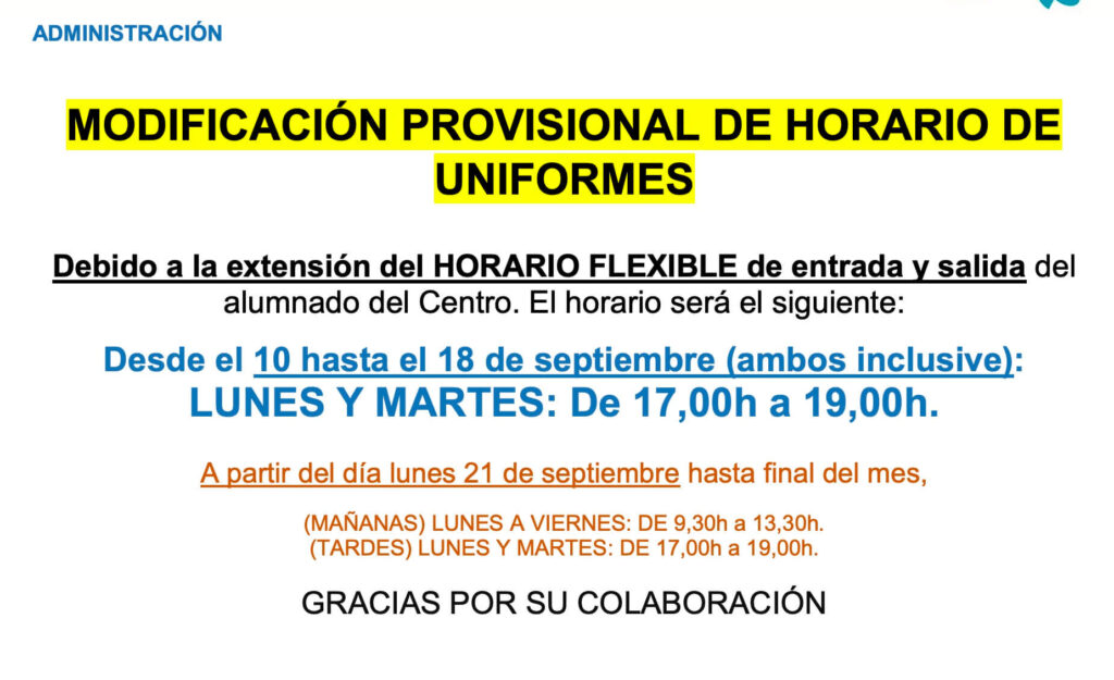 Modificación Provisional de Horario de Uniformes - Colegio Mª ...